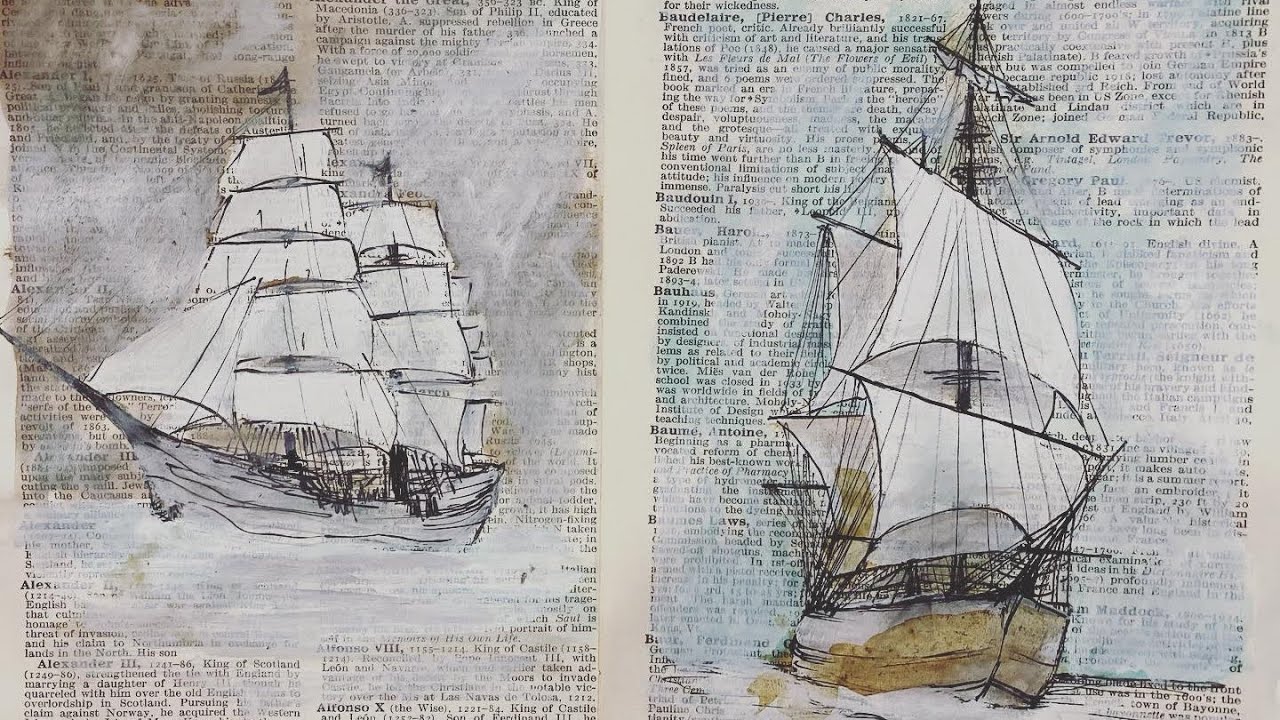 Drawing Ships on old book pages | Acrylic Paint. - YouTube