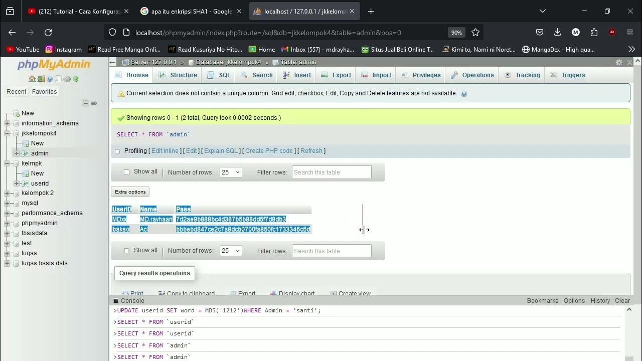 Cara Mengenskripsi dan deskripi data base mysql dengan MD5/SHA1 - YouTube