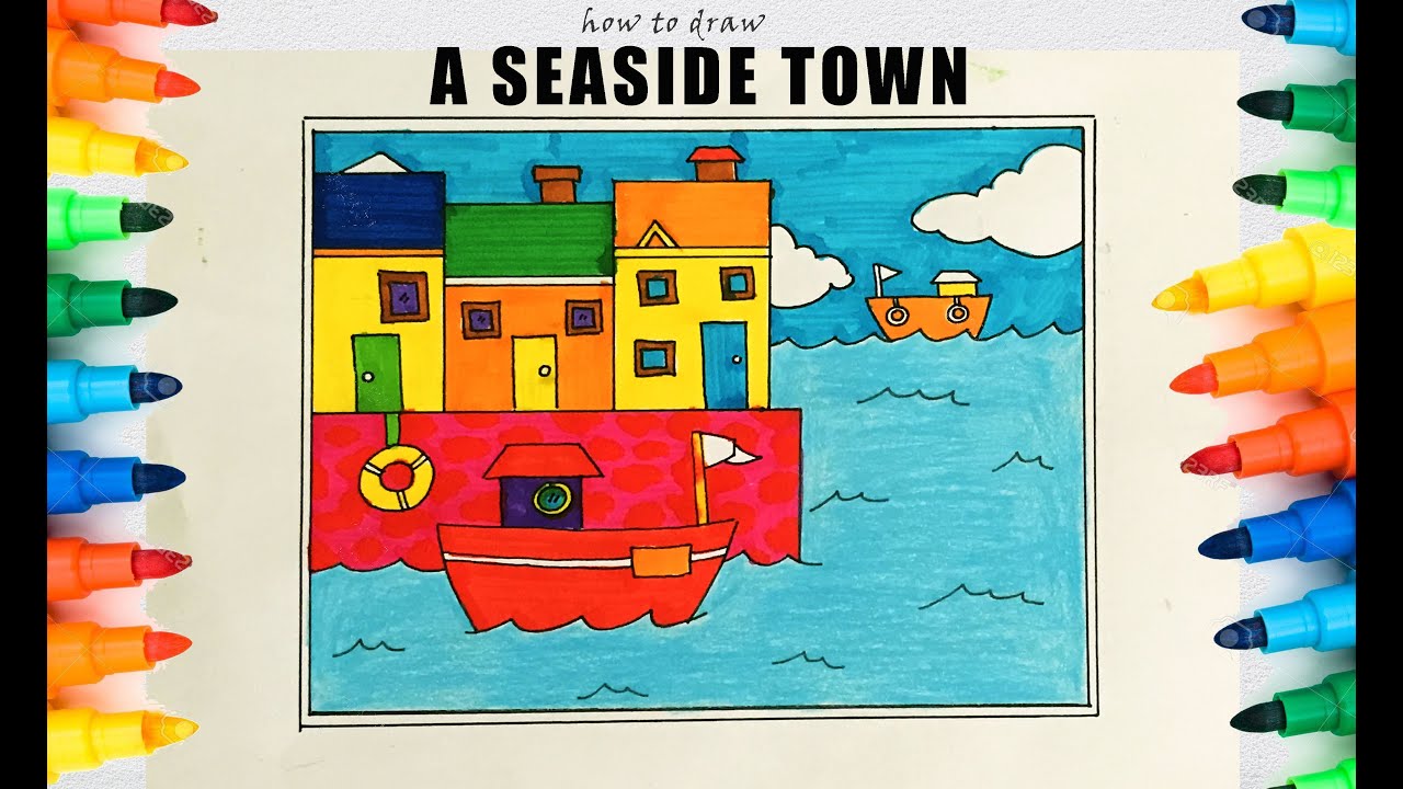 How to Draw a SEASIDE TOWN Scenery and Boat (easy) - Menggambar ...