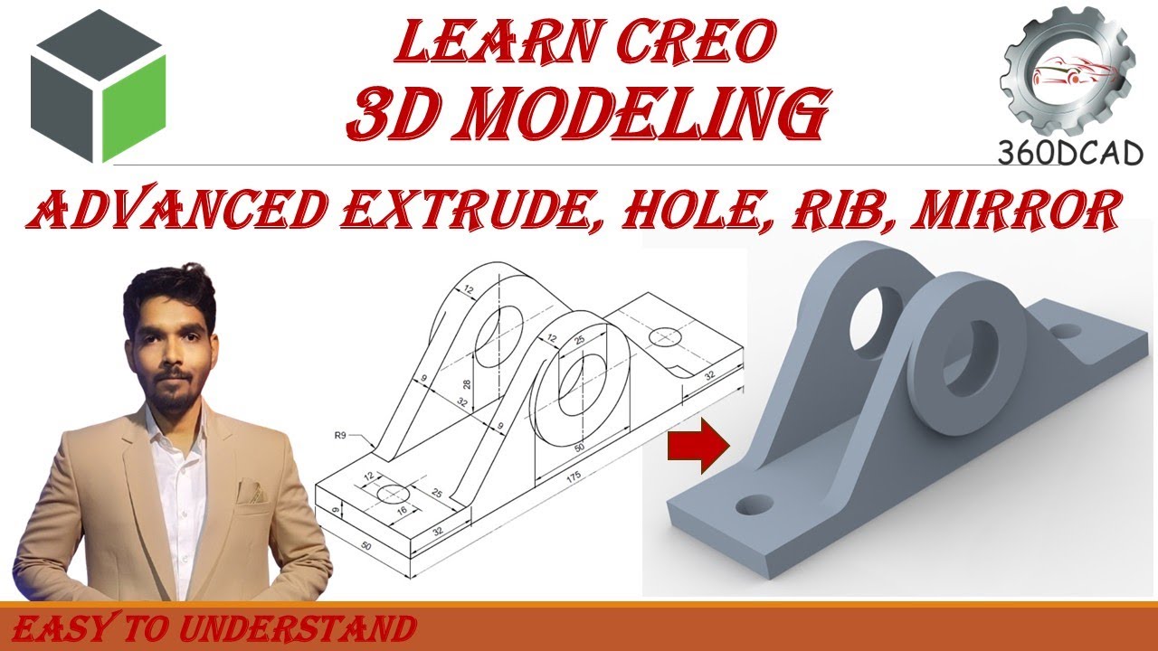 Creo Part Modeling: Advanced Extrude, Hole, Profile Rib | Step by Step ...