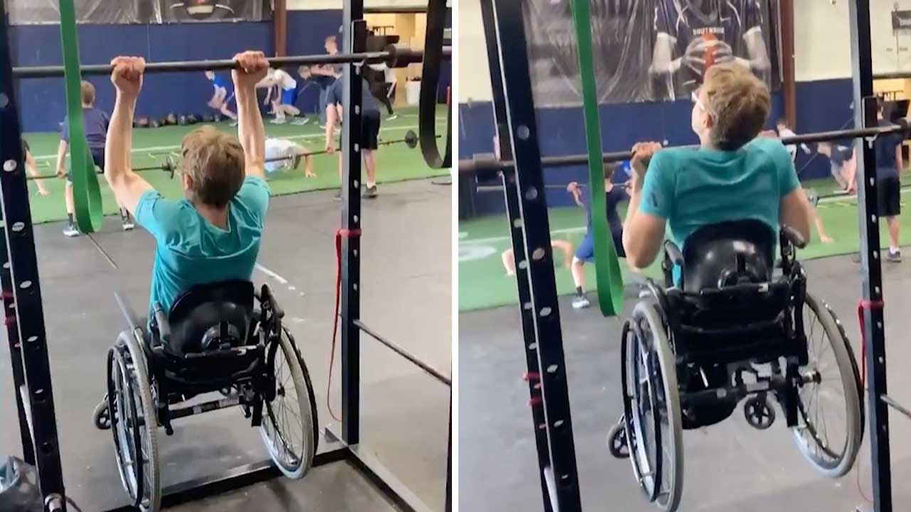Boy In Wheelchair Does Pull Ups - YouTube