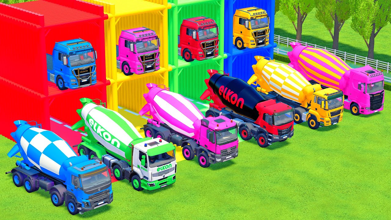 TRANSPORTING ALL COLOR MIXER TRUCK WITH DOUBLE FLATBED TRAILER TRUCK ...