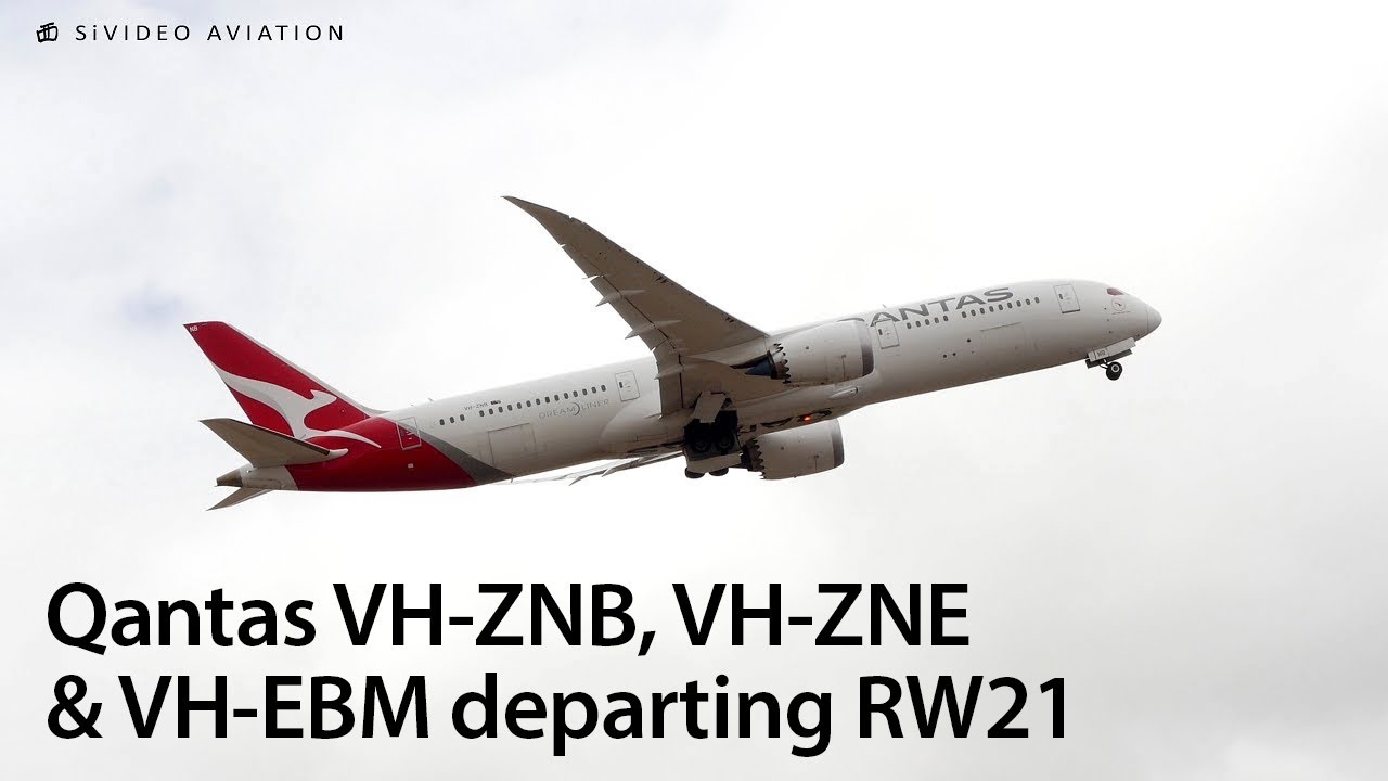 Qantas Airways (VH-ZNB), (VH-ZNE) and (VH-EBM) departing Perth Airport ...