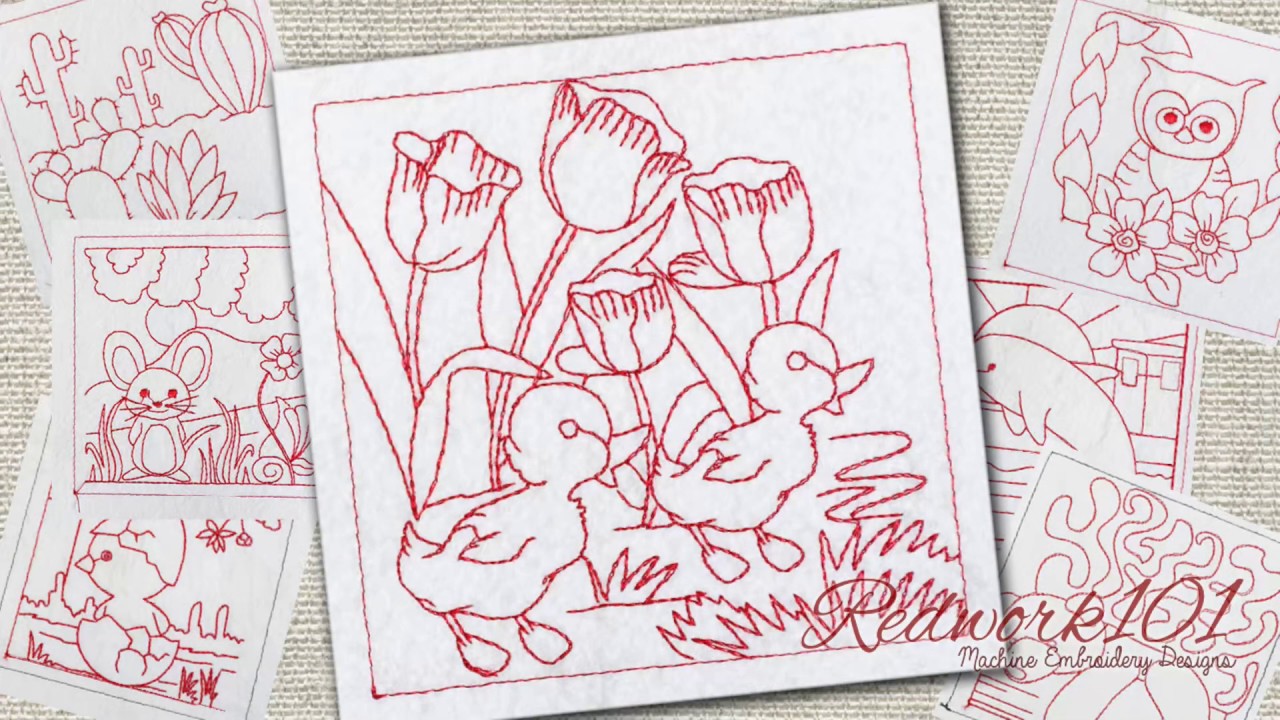 Small Duck Chicks Playing | Redwork Embroidery Designs - YouTube
