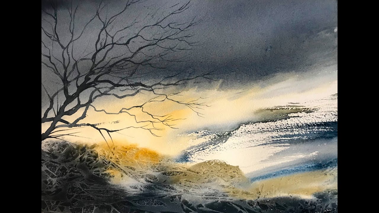 Simple Loose Winter Trees and Stormy Sky watercolour tutorial, loose ...