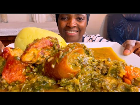 African food cow skin +smoked ribs +okra pepper soup with Fufu/mukbang ...
