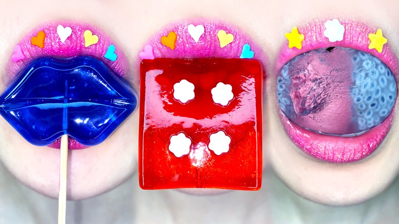 ASMR RED DICE PUDDING BLUE LIPS JELLY SEED ICE GUMMY eating sounds ...