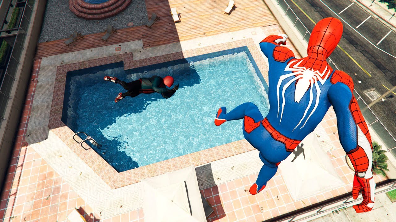 GTA 5 Spiderman And Miles Morales - Pool Jumps And Fails - YouTube