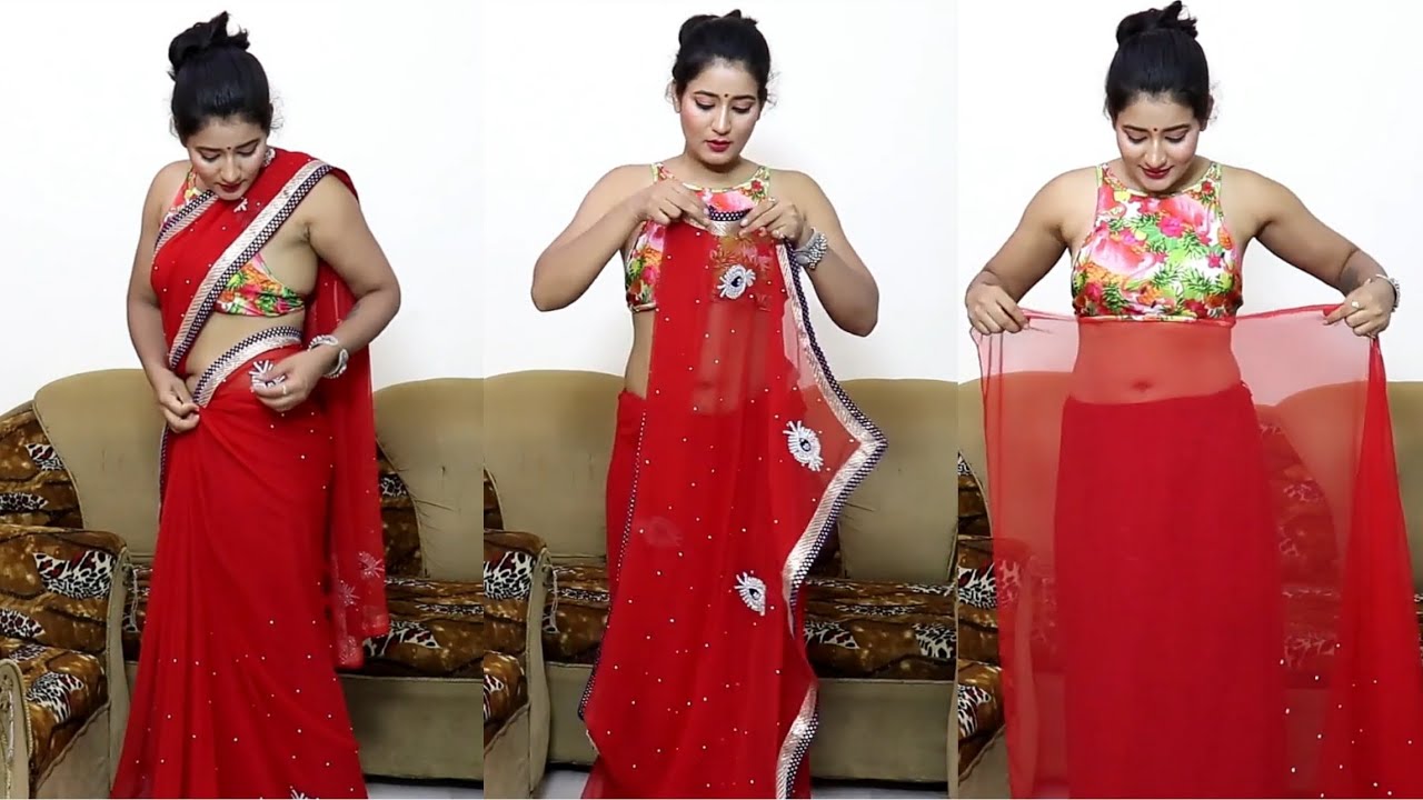 Party Saari Draping Idea To Look Slim | Red Saree | Dress-Up - YouTube