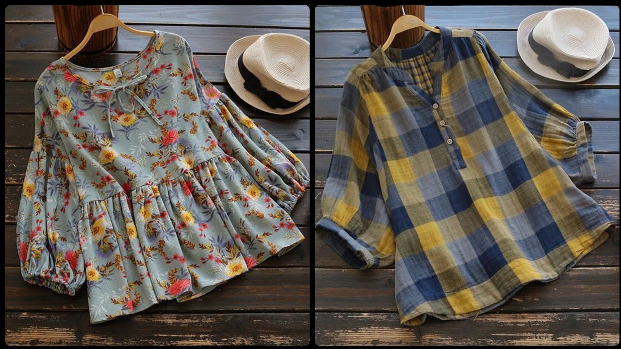 Vintage Ethnic Flouncing Plaid and Plain Knee Length (Tops,Shirts ...