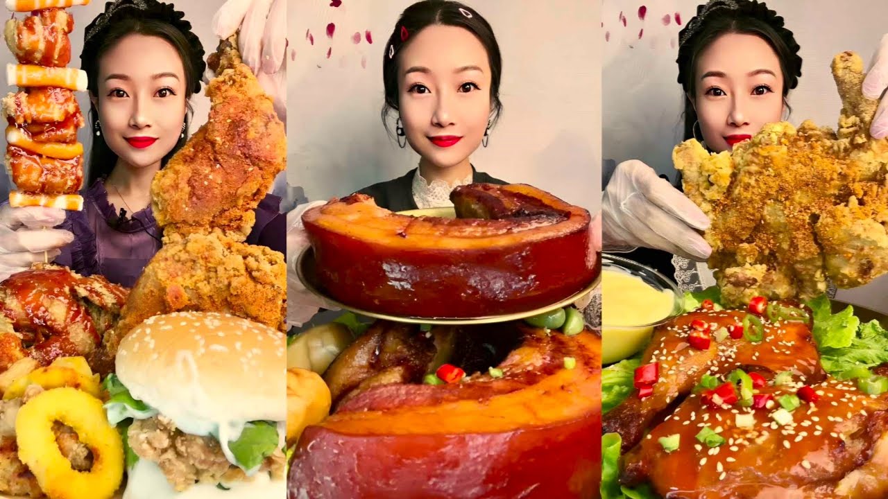MUKBANG ASMR | Spicy Braised Pork Belly | Chicken, Burger, Dumplings ...
