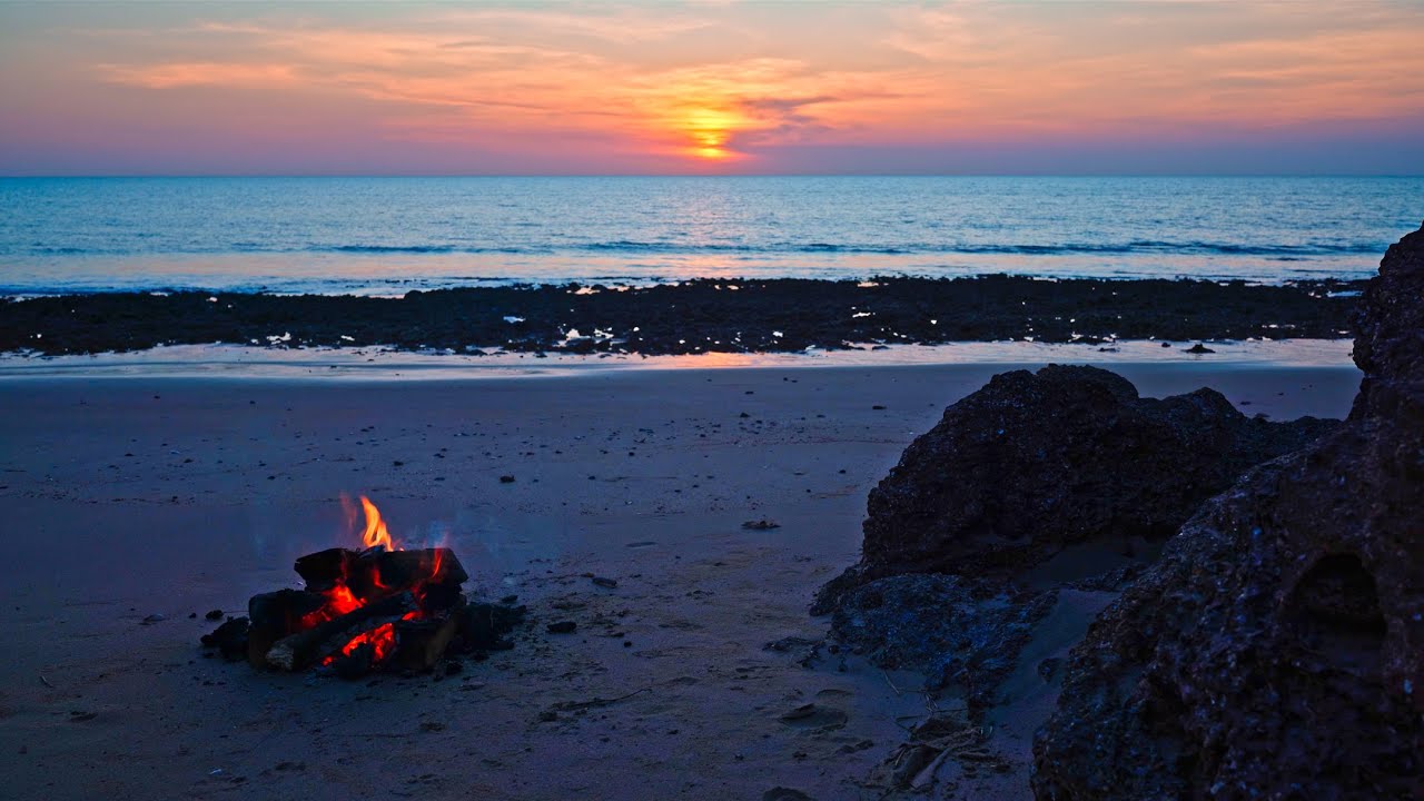 Sunset on The Beach with Campfire Sounds for Deep Sleep, Real Time 1.5H ...