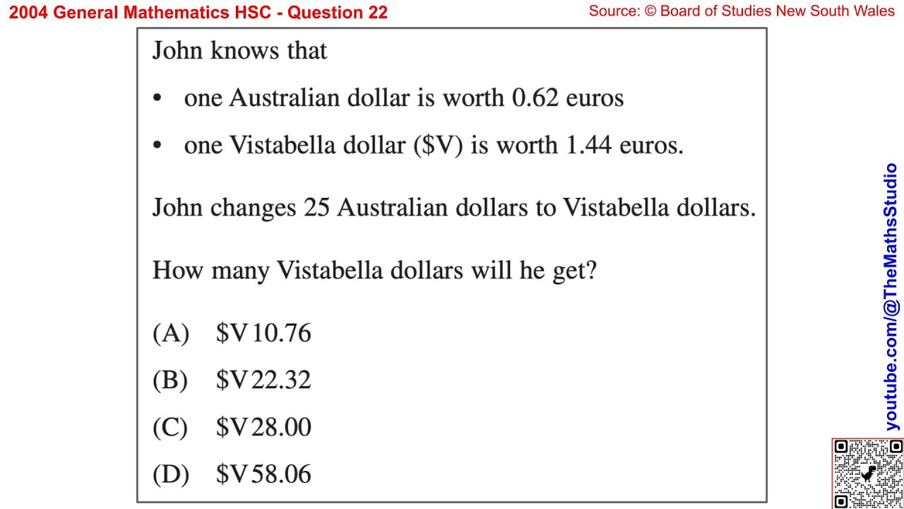 2004 General Maths HSC Q22 Solve worded currency conversion problem ...