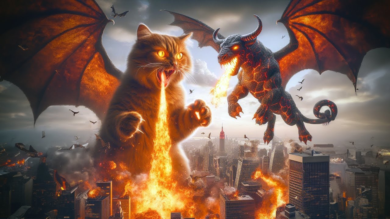 Catzilla Vs Bullzilla Scary Fight #cat #cute - YouTube