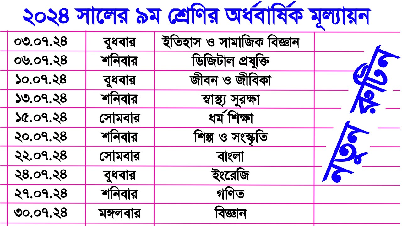 ২০২৪ সালের ৯ম শ্রেণির অর্ধবার্ষিক মূল্যায়নের নতুন রুটিন | class 9 half ...
