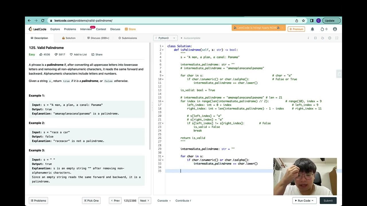 Leetcode Python - Easy - Valid Palindrome (Linear - Two Pointers) - YouTube