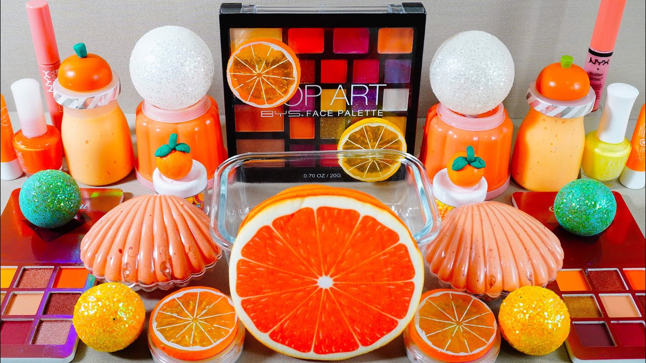Orange slime mixing with eyeshadow, glitter, clay makeup 🍊 ★ASMR ...