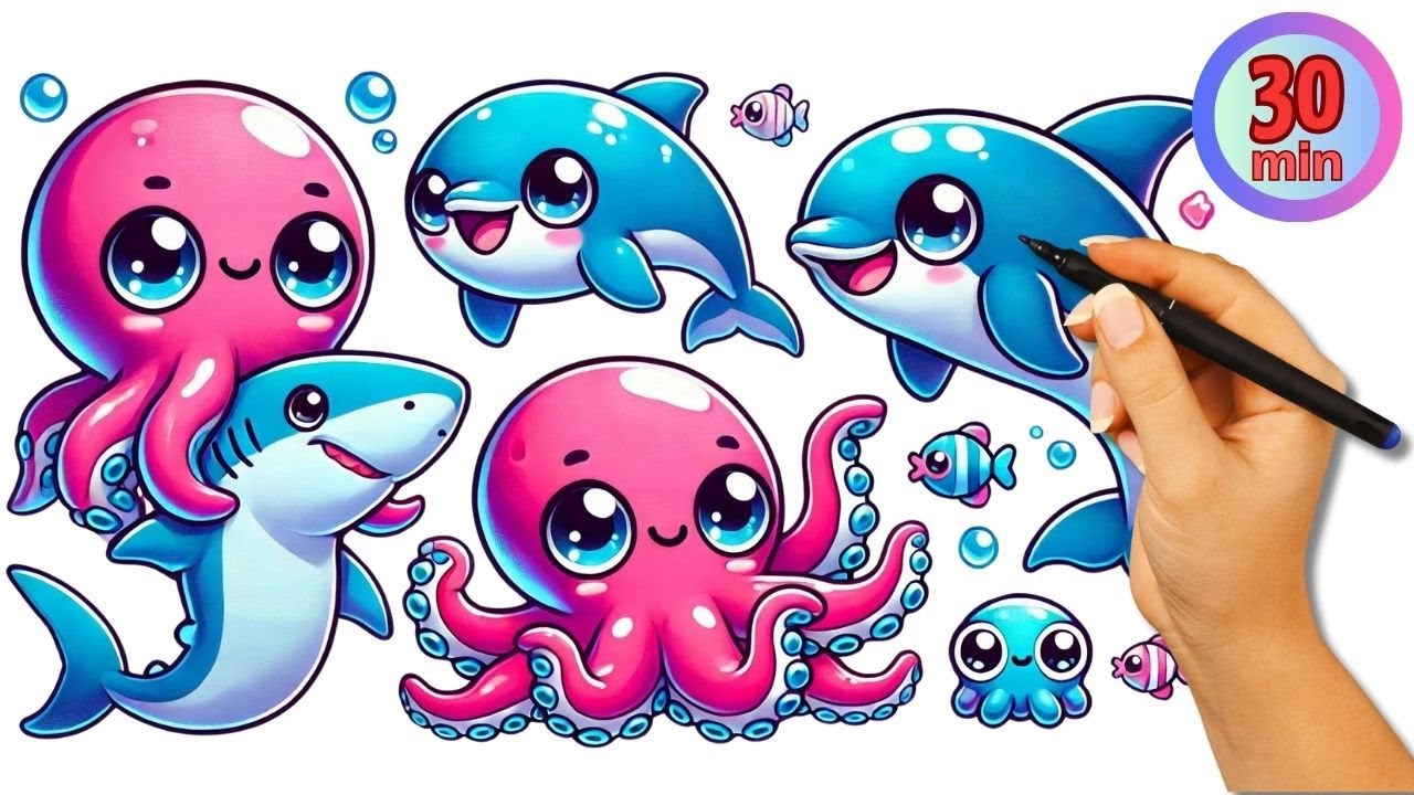 Drawing, painting, coloring marine animals for kids. How to draw Kawaii ...