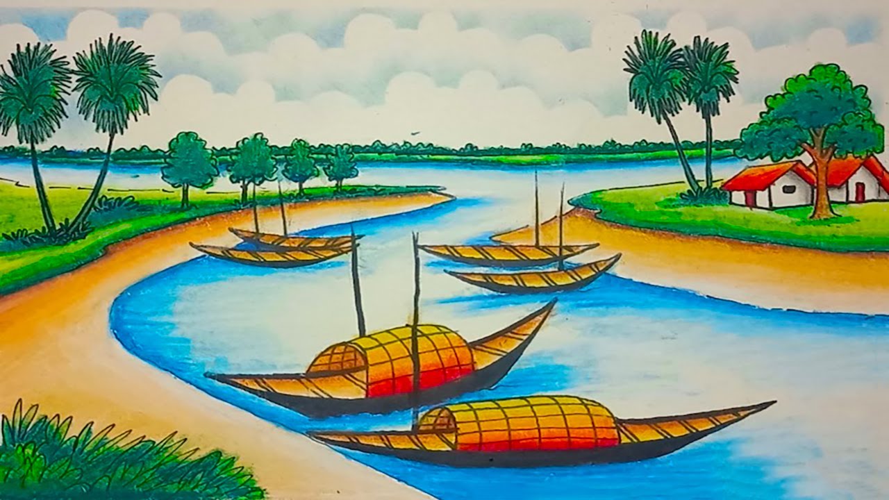 How To Draw A Riverside Village Scenery Step By Step Drawing Landscape ...