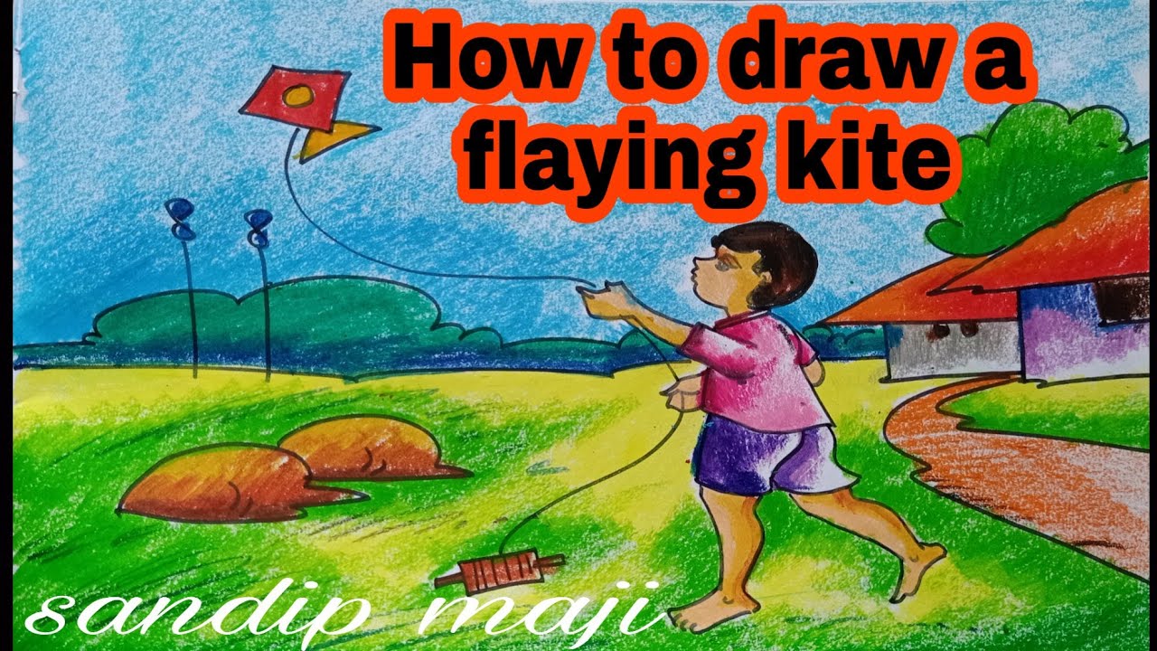 How to draw a boy flying kite,. easy drawing for kids,//pastel colors drawing,by sandip Maji ...