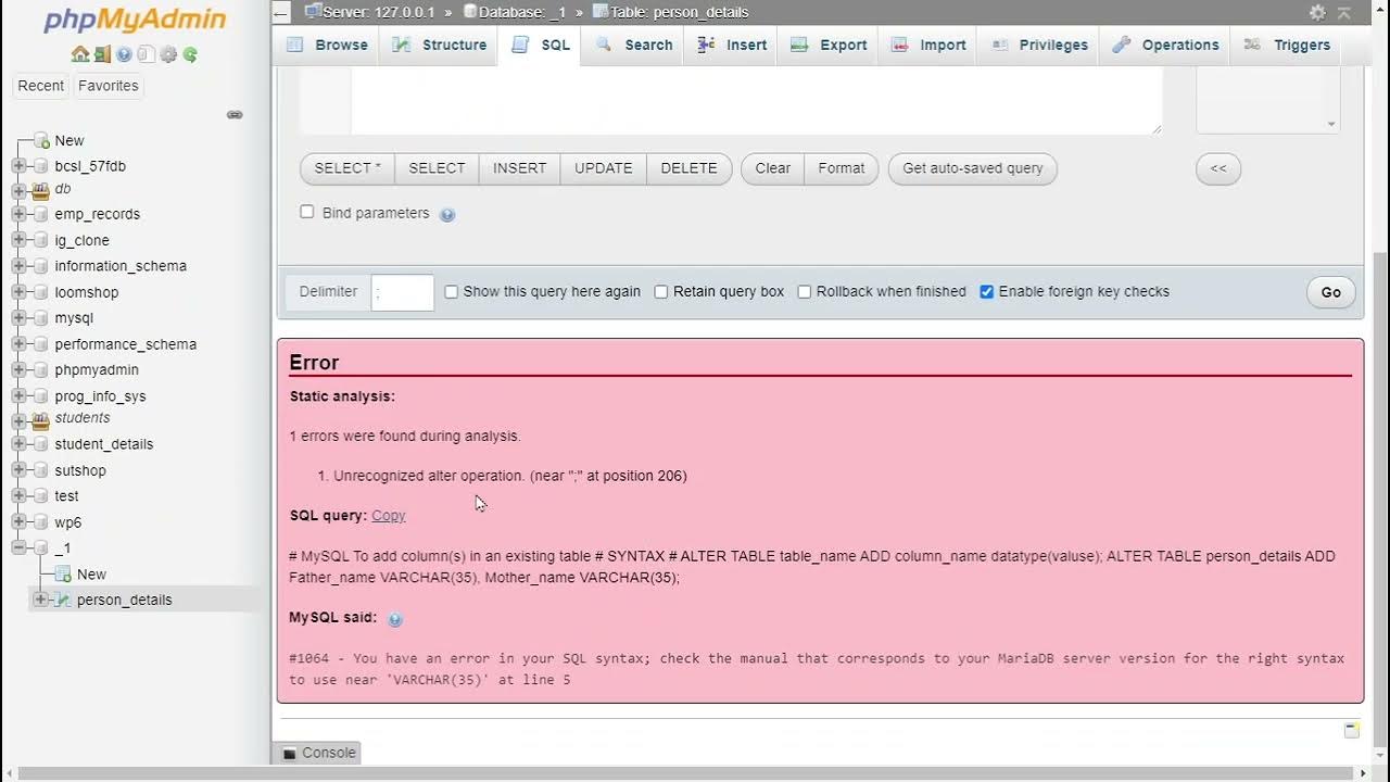 Unrecognized alter operation near; at position 217 while adding new columns in an existing table ...