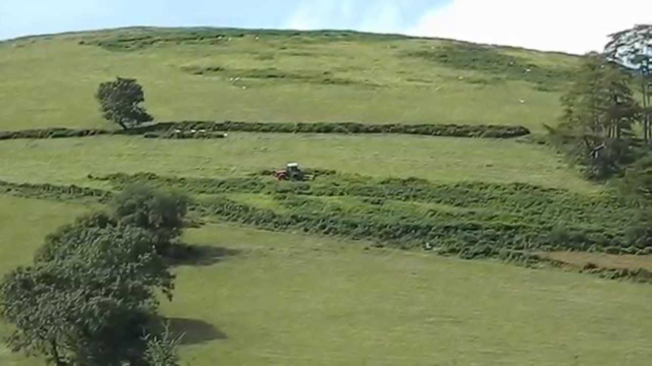 Tractor cutting on dangerous steep slope of hill on Mid Wales farm ...