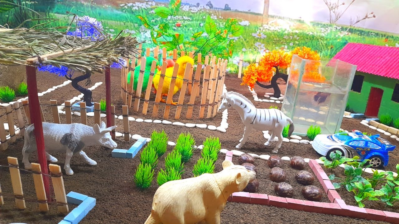 Diy farm diorama with mini house make colorful chicken coops, mini cow ...