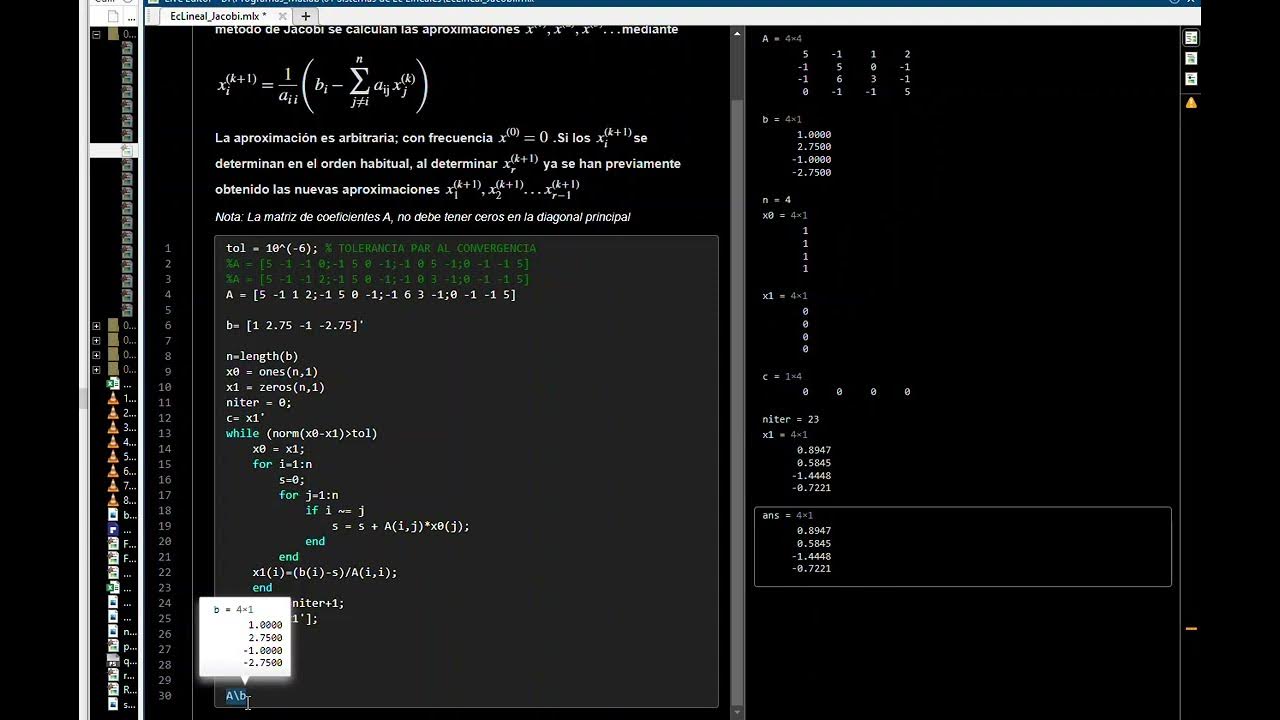 9 Como resolver un Sistema de Ecuaciones Lineales con el método de Jacobi (algoritmo en matlab ...