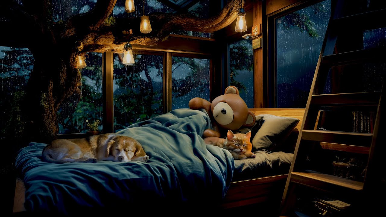 Sleeping Together in a Tree House for Insomnia Therapy with Rain on the ...