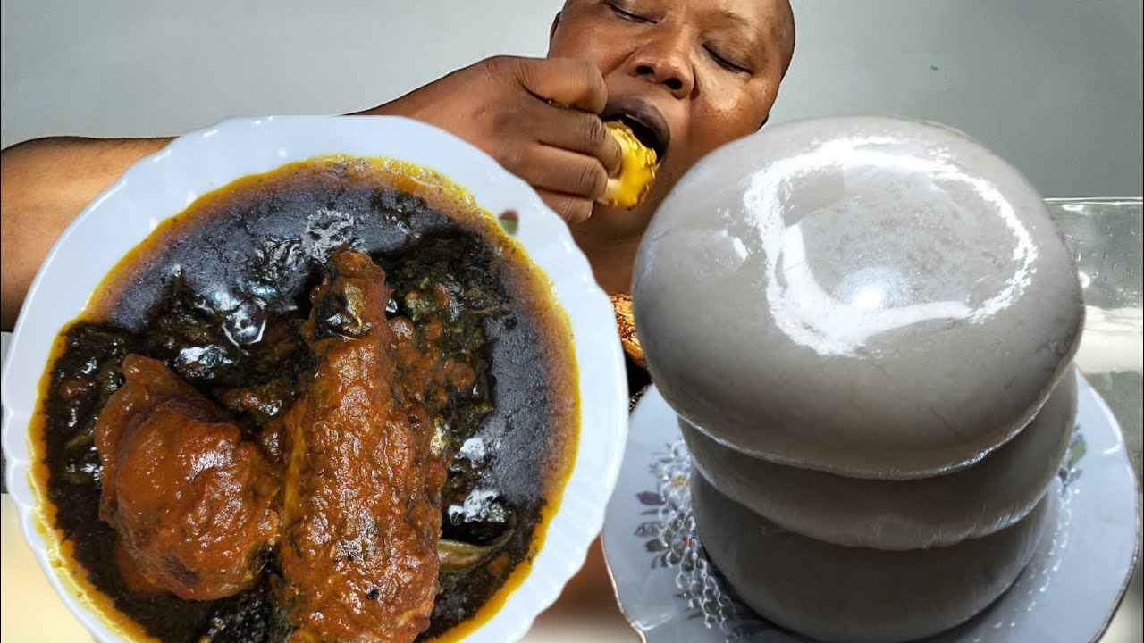 big bite challenge food mukbang (pounded fufu with spicy black soup ...