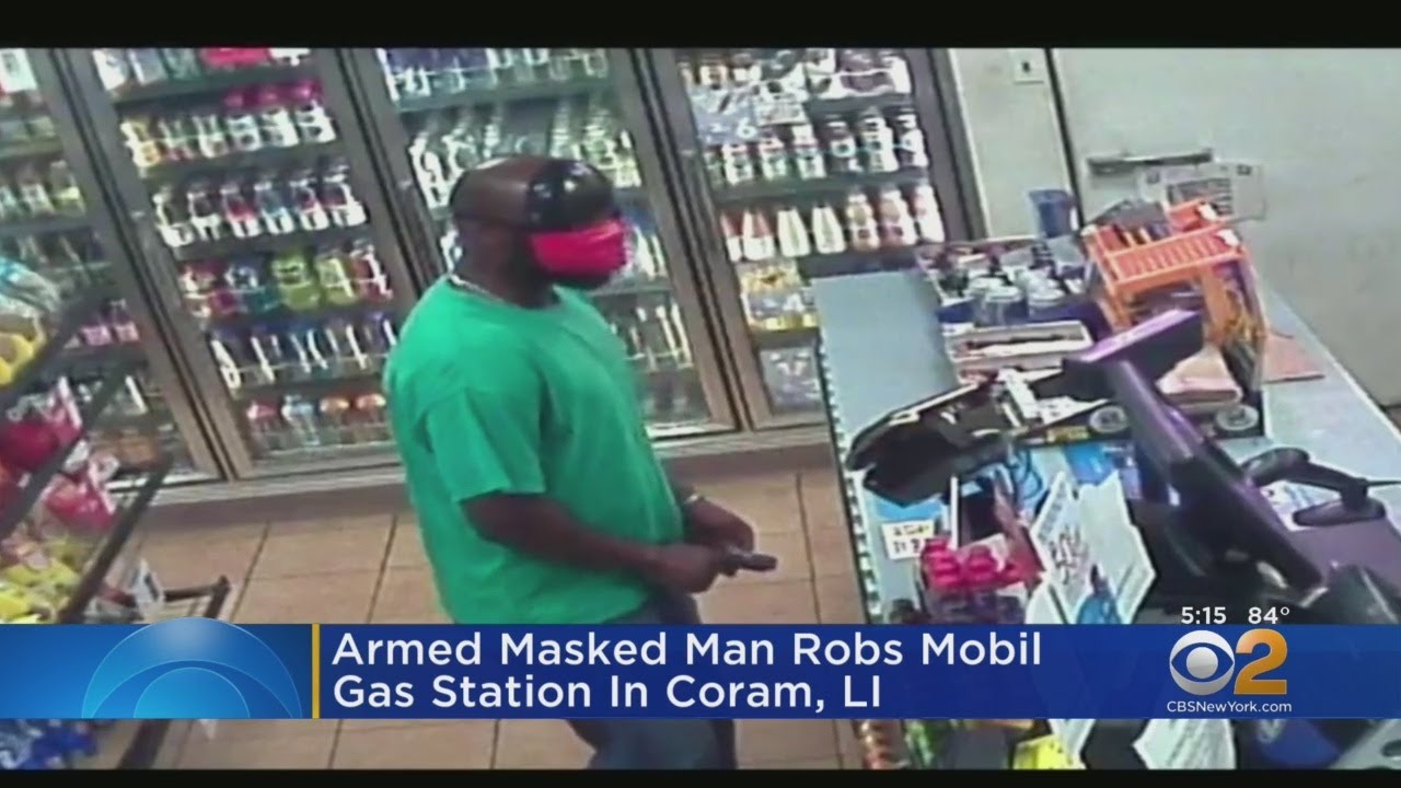 Armed Masked Man Robs Mobil Gas Station In Coram, LI - YouTube