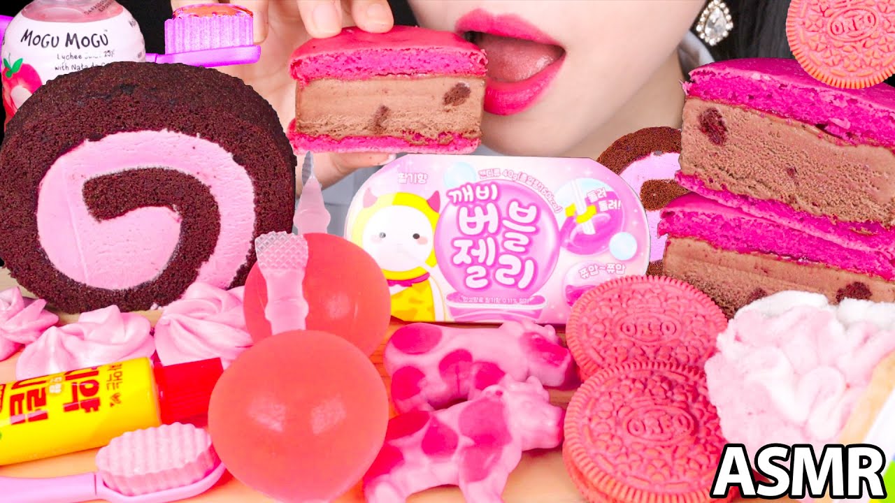 ASMR *PINK DESSERT PARTY, MACARON ICE CREAM, ROLL CAKE, TIKTOK JELLY ...