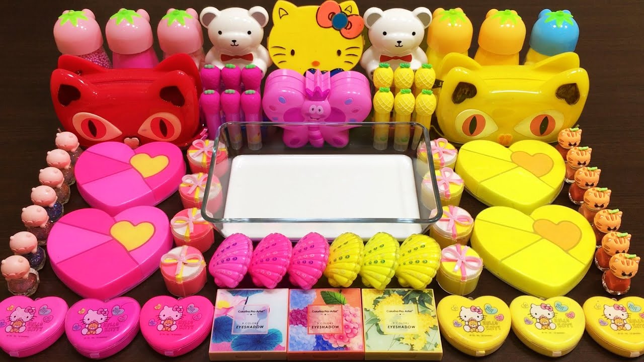 Pink vs Yellow | Mixing Makeup and Beads into Slime ASMR! Satisfying ...