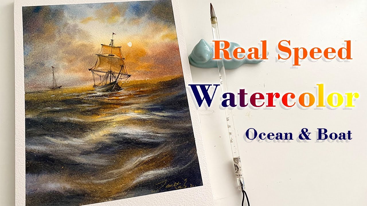 Real Speed Tutorial, Watercolor ocean ,boat ,sky painting - YouTube
