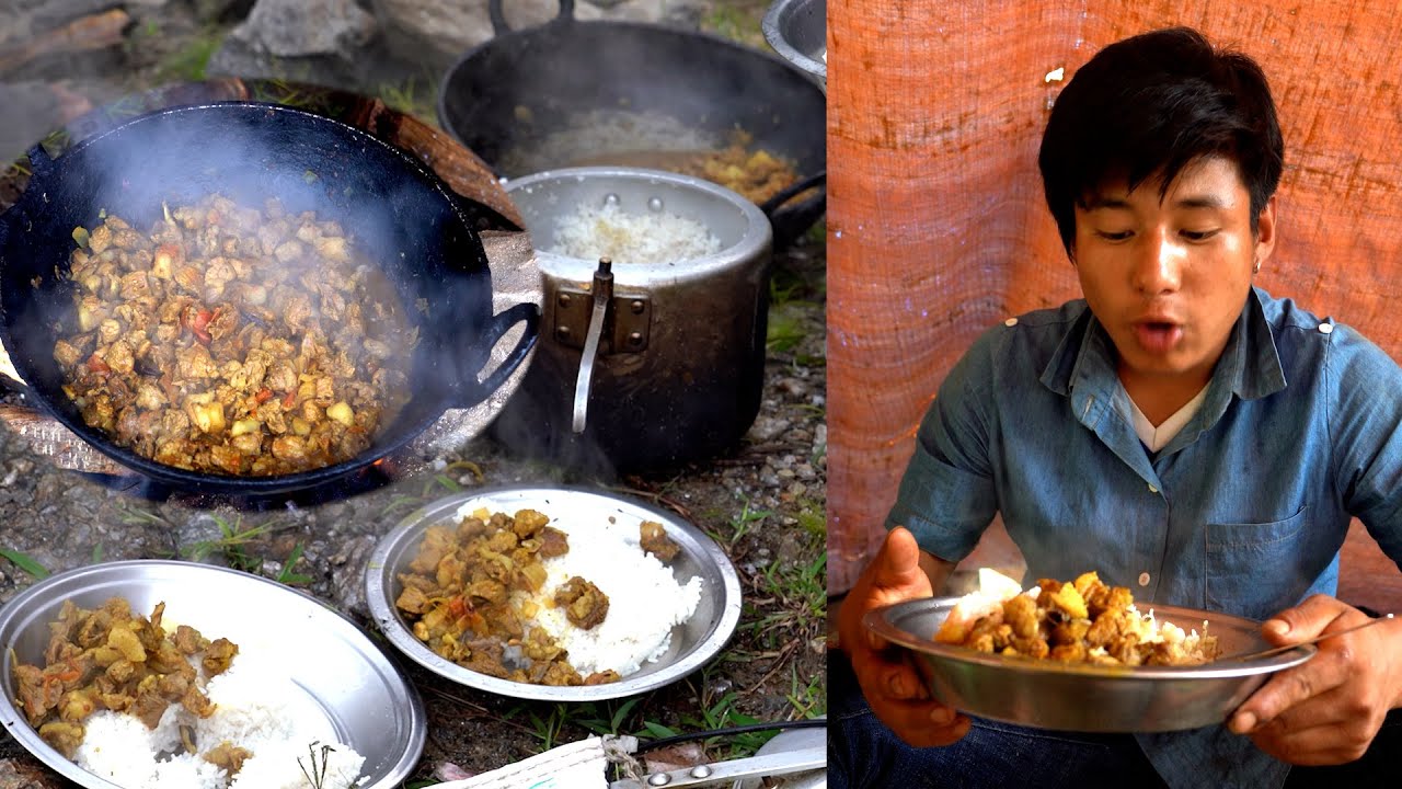 local pork curry rice in the village || Rural Nepal & Natural cooking ...