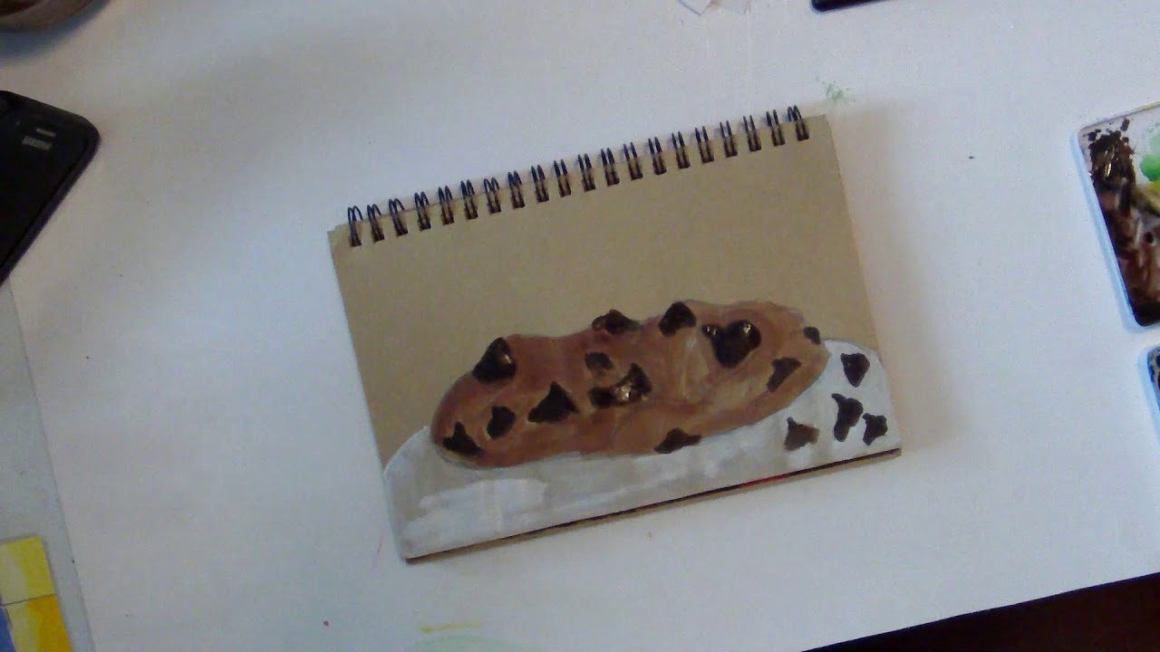 GOUACHE PAINTING OF A CHOCOLATE CHIP COOKIE ON PLATTER..TFW SUBSCRIBE ...