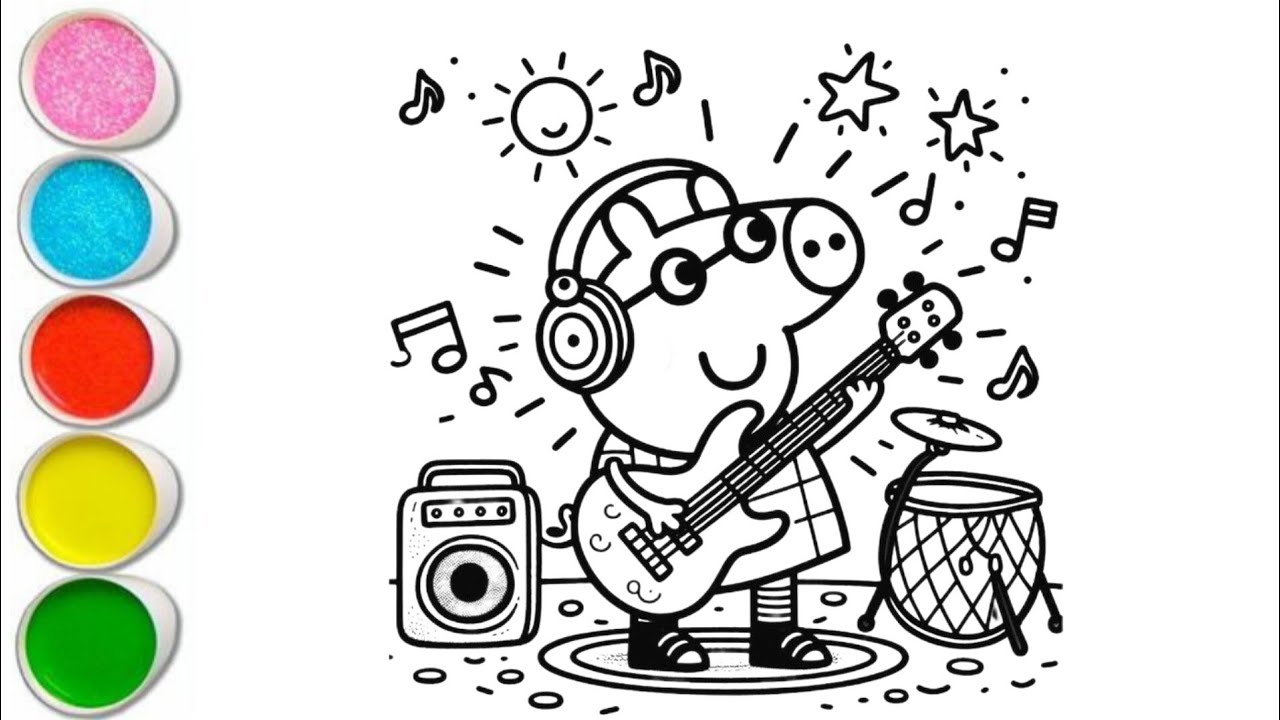 Peppa pig with guitar music drawing and colouring for kids and toddlers ...