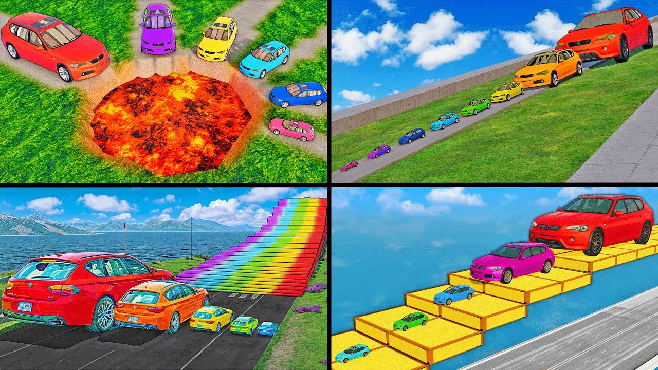 CARS vs LAVA PIT, STAIRS, SPEEDBUMPS, and BRIDGE in BeamNG.drive - YouTube