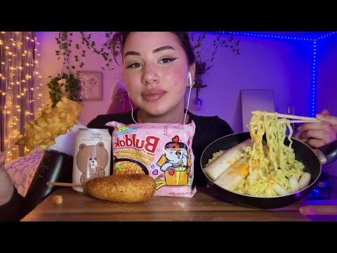 ASMR MUKBANG BUDAK NOODLES AND KOREAN CORN DOGS WITH RICE CAKES ✨ ~ slight fail ~