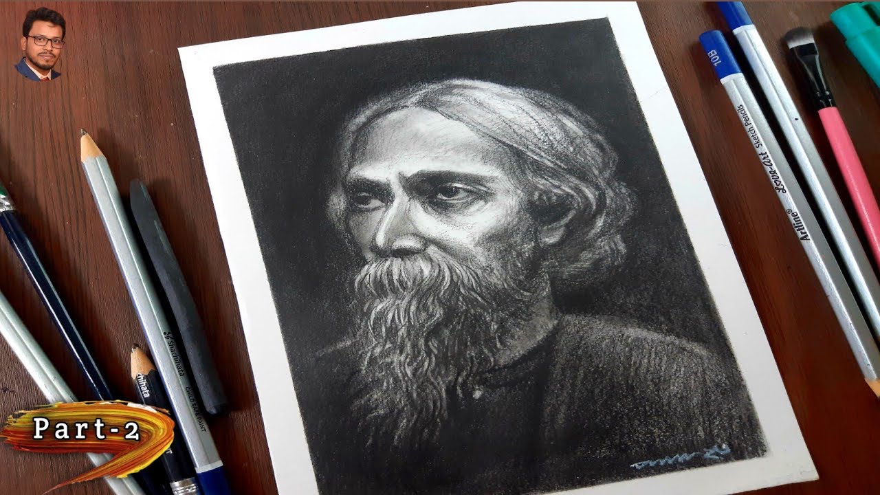 Rabindranath portrait shading step by step/Tagore portrait drawing ...