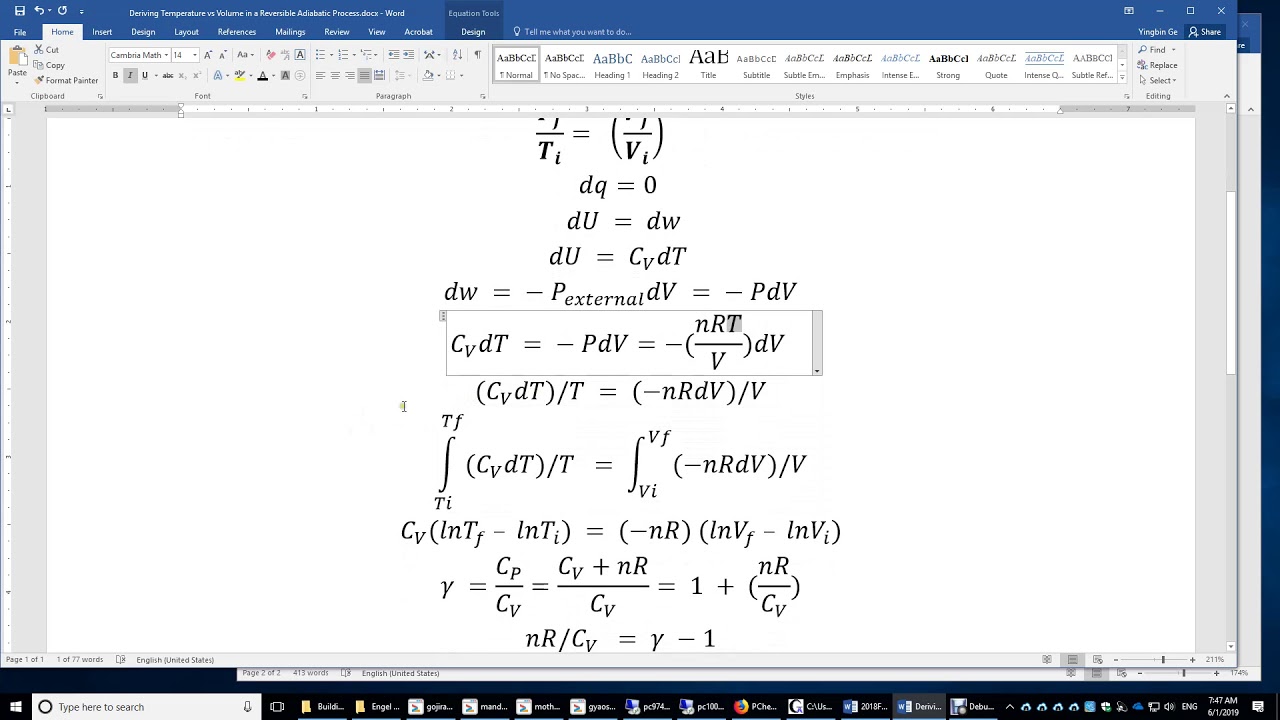 Deriving Temperature vs Volume in a Reversible Adiabatic Process - YouTube