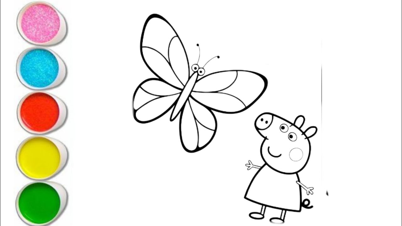 Peppa pig with butterfly drawing and colouring for kids and toddlers ...