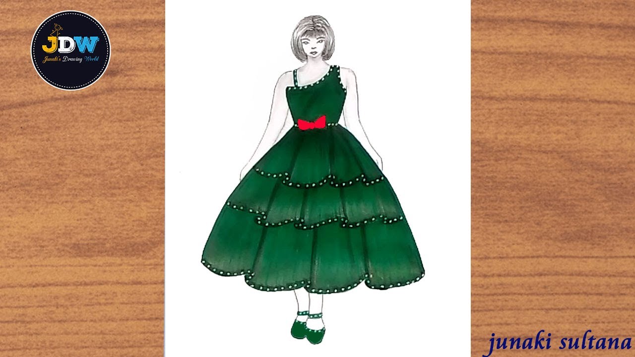 Green Dress Drawing || How to draw a girl with Beautiful Dress for ...