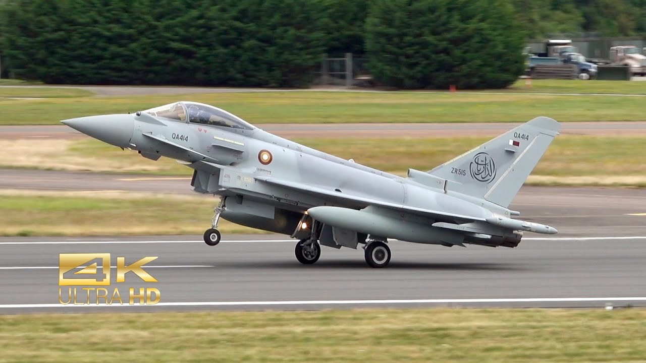 (4K) Eurofighter Typhoon from Qatar Emiri Air Force QA414 arrival RAF ...