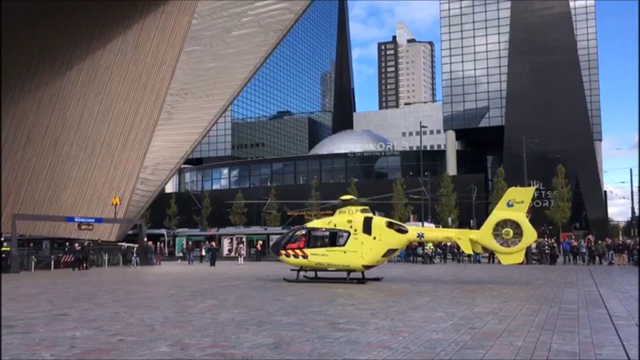 Medical helicopter take off from Rotterdam Central Station - YouTube