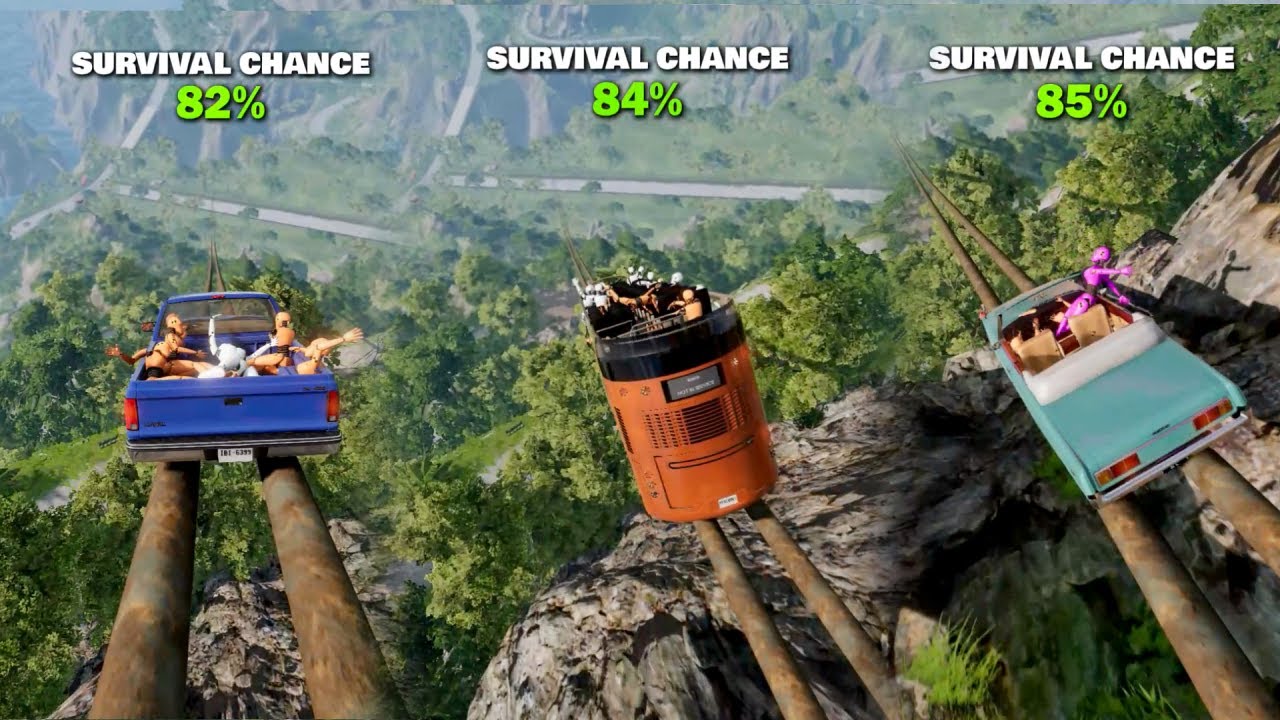 Cars jumping down the zip line and their probability of survival BeamNG ...