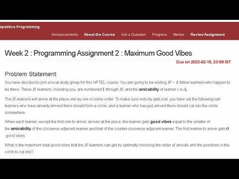 NPTEL Swayam Getting Started with Competitive Programming Week 2 Programming Assignment 2 - YouTube