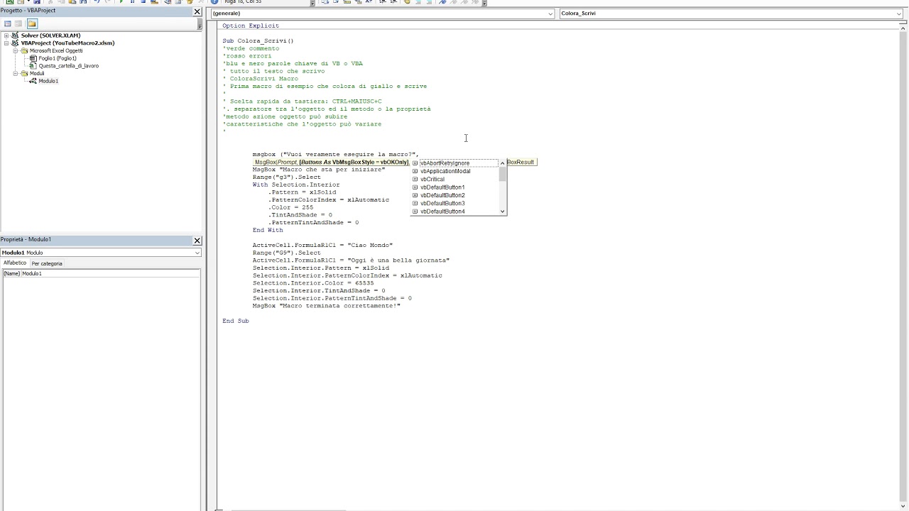 VBA Excel 8 di 10: Comunicare con utente ed valutare risposte - YouTube