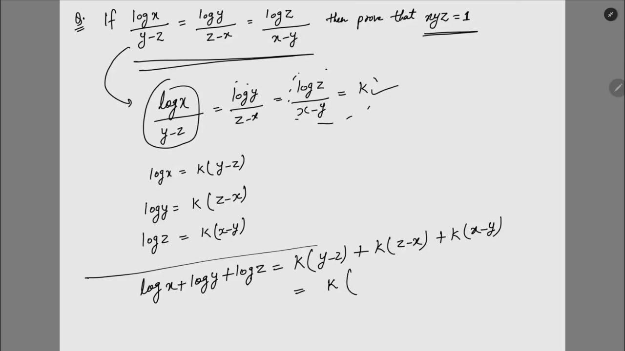 If logx/(y-z) = logy/(z-x) = logz/(x-y) then prove that xyz = 1 | IITJEE Foundation Maths - YouTube