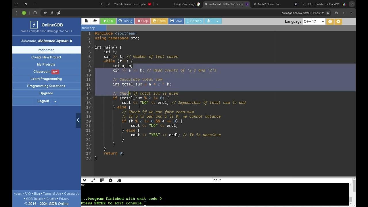 Codeforces Round 970 (Div. 3) solution A - Sakurako's Exam in - YouTube